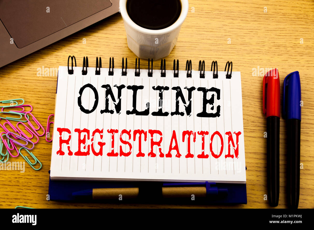 Hand writing text caption showing Online Registration. Business concept ...