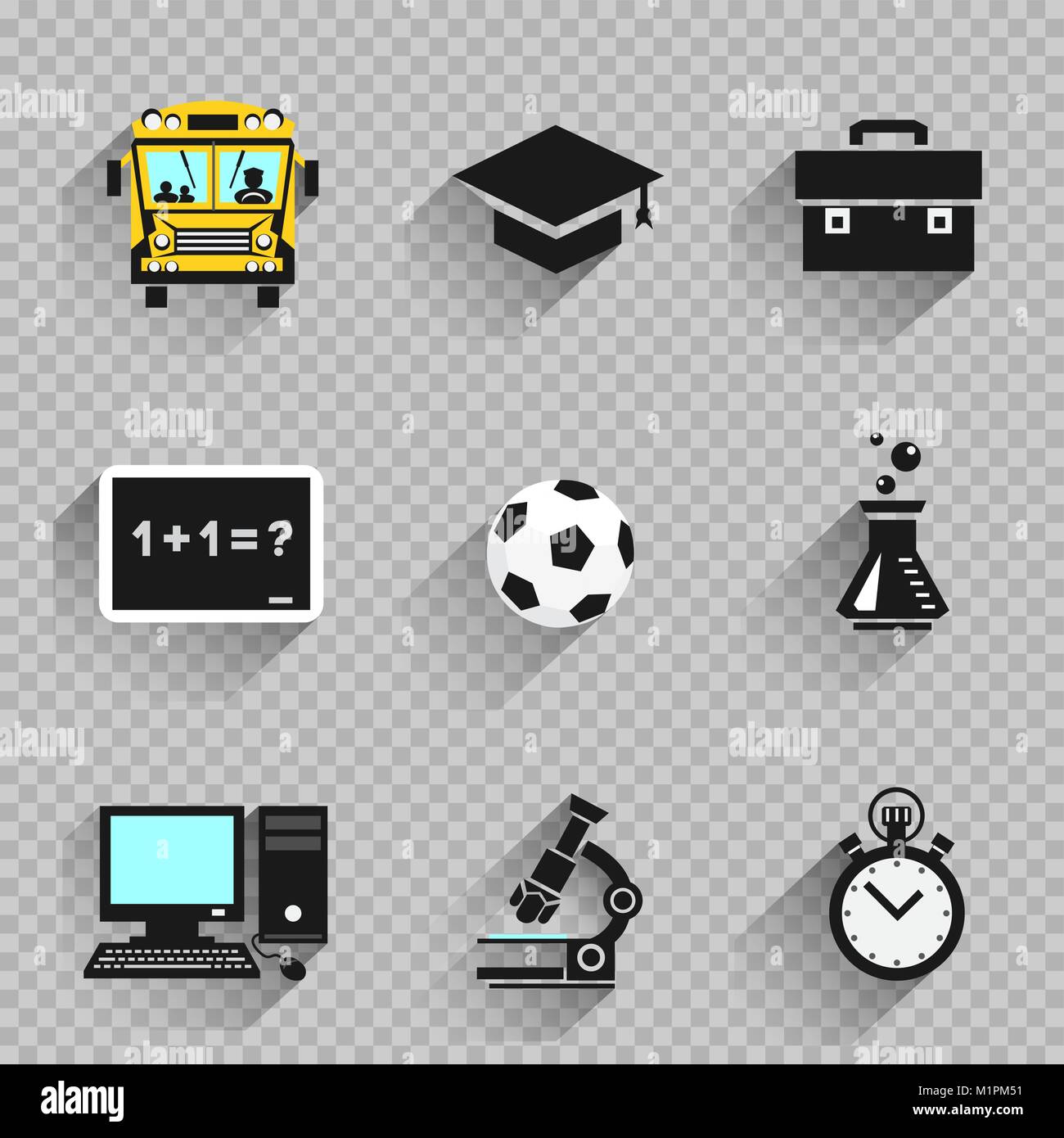 Education school icon set on transparent background. Chalkboard bus cap schoolbag microscope ...