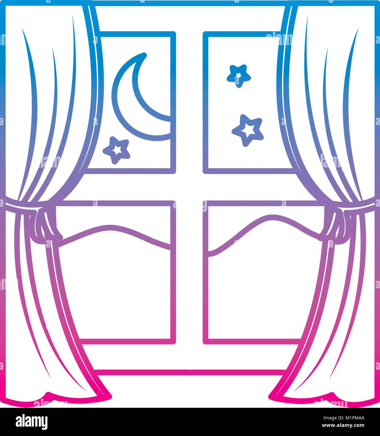 wooden window frame with curtains and mountains moon stars Stock Vector ...