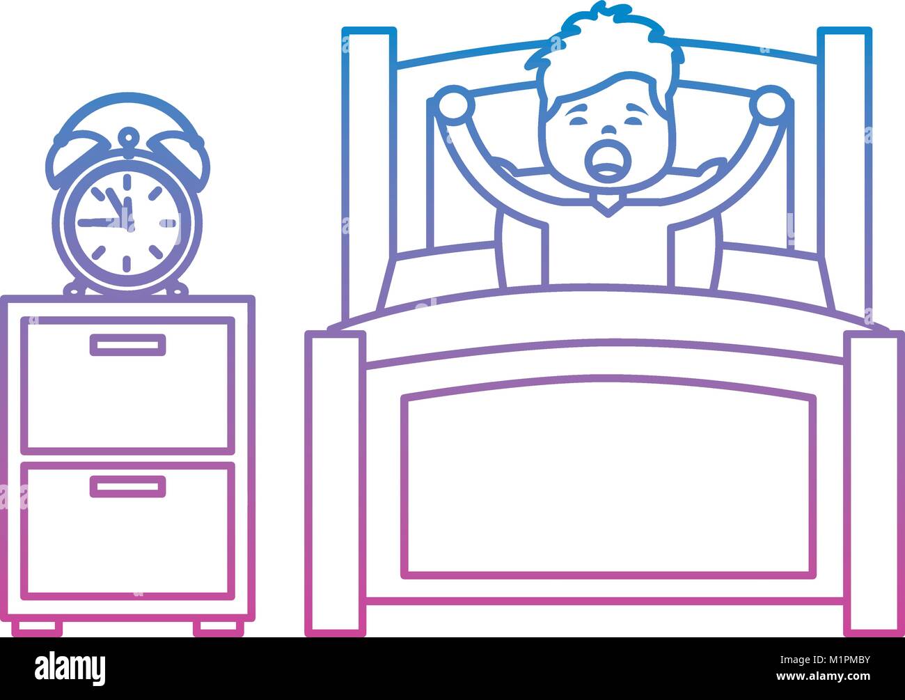 boy wake up stretching in wooden bed with bedside table clock Stock ...