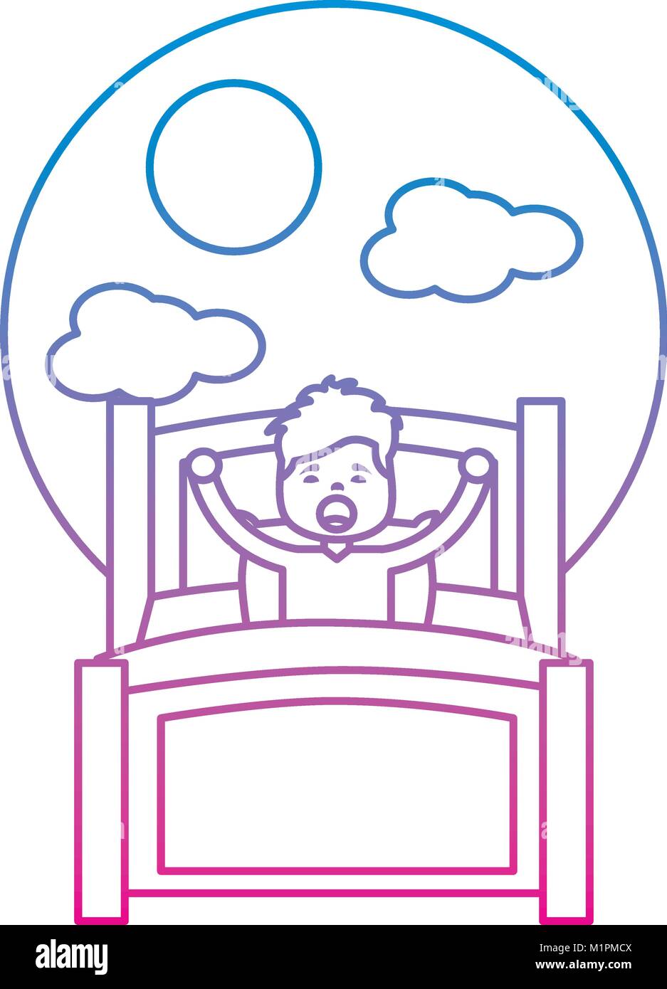 boy wake up stretching in wooden bed and morning day sun cloud Stock ...