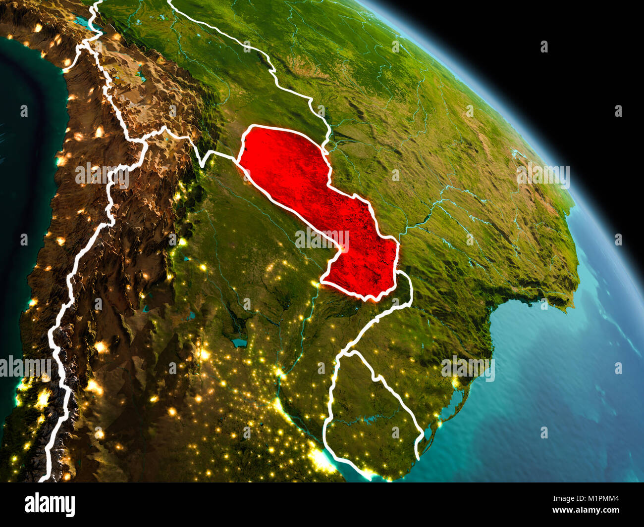 Early morning view of Paraguay highlighted in red on planet Earth with ...