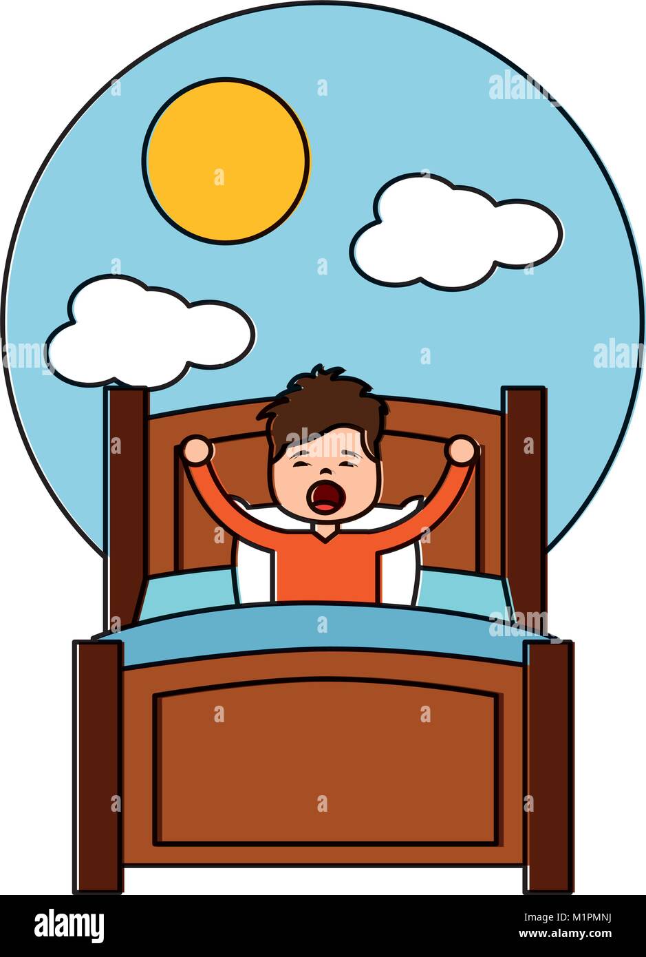 boy wake up stretching in wooden bed and morning day sun cloud Stock ...