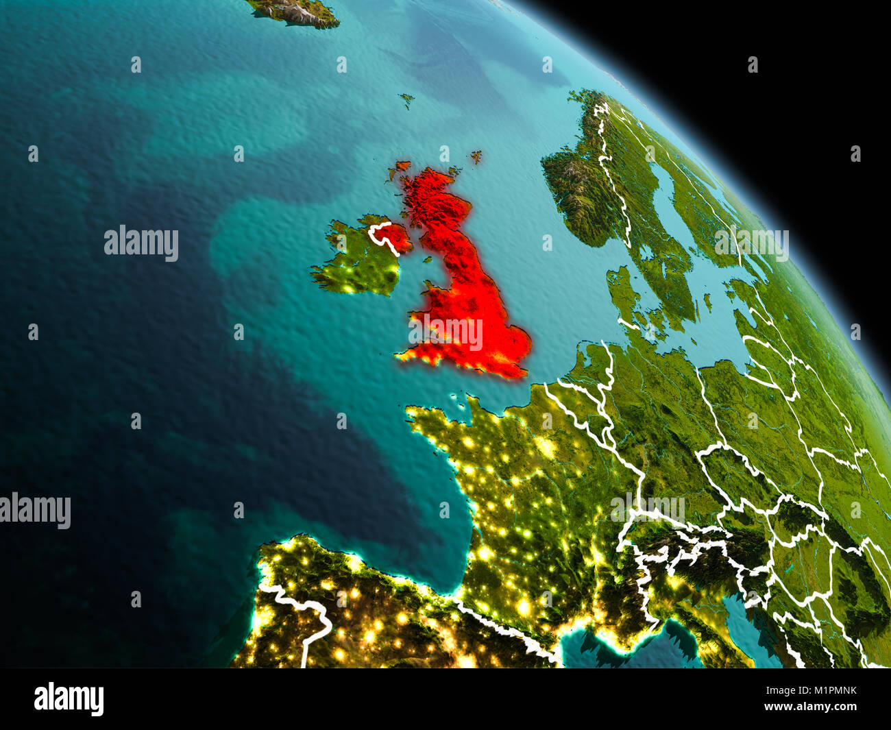 Early morning view of United Kingdom highlighted in red on planet Earth ...