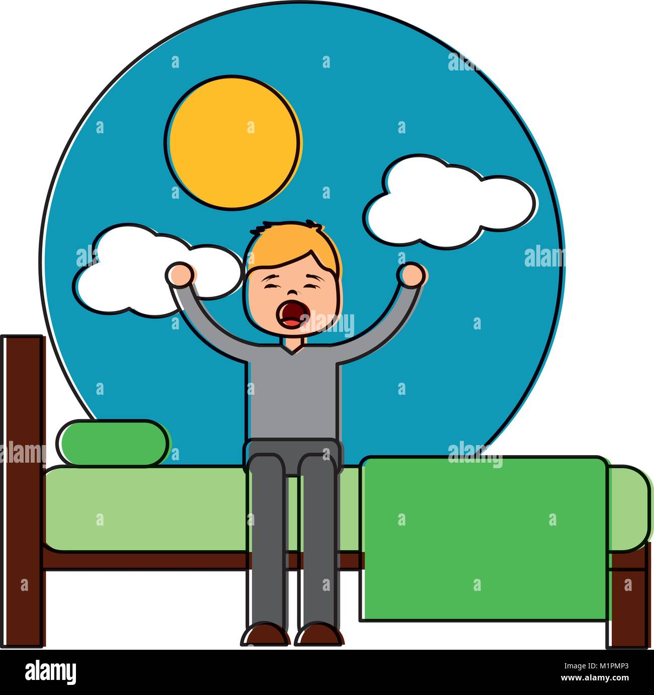 young man waking up sitting on bed Stock Vector Image & Art - Alamy
