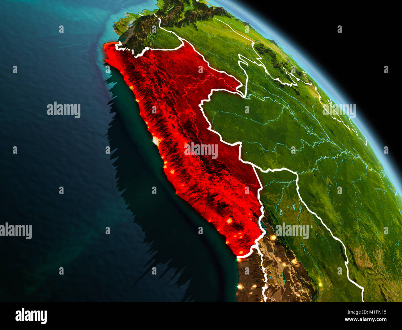 Early morning view of Peru highlighted in red on planet Earth with ...