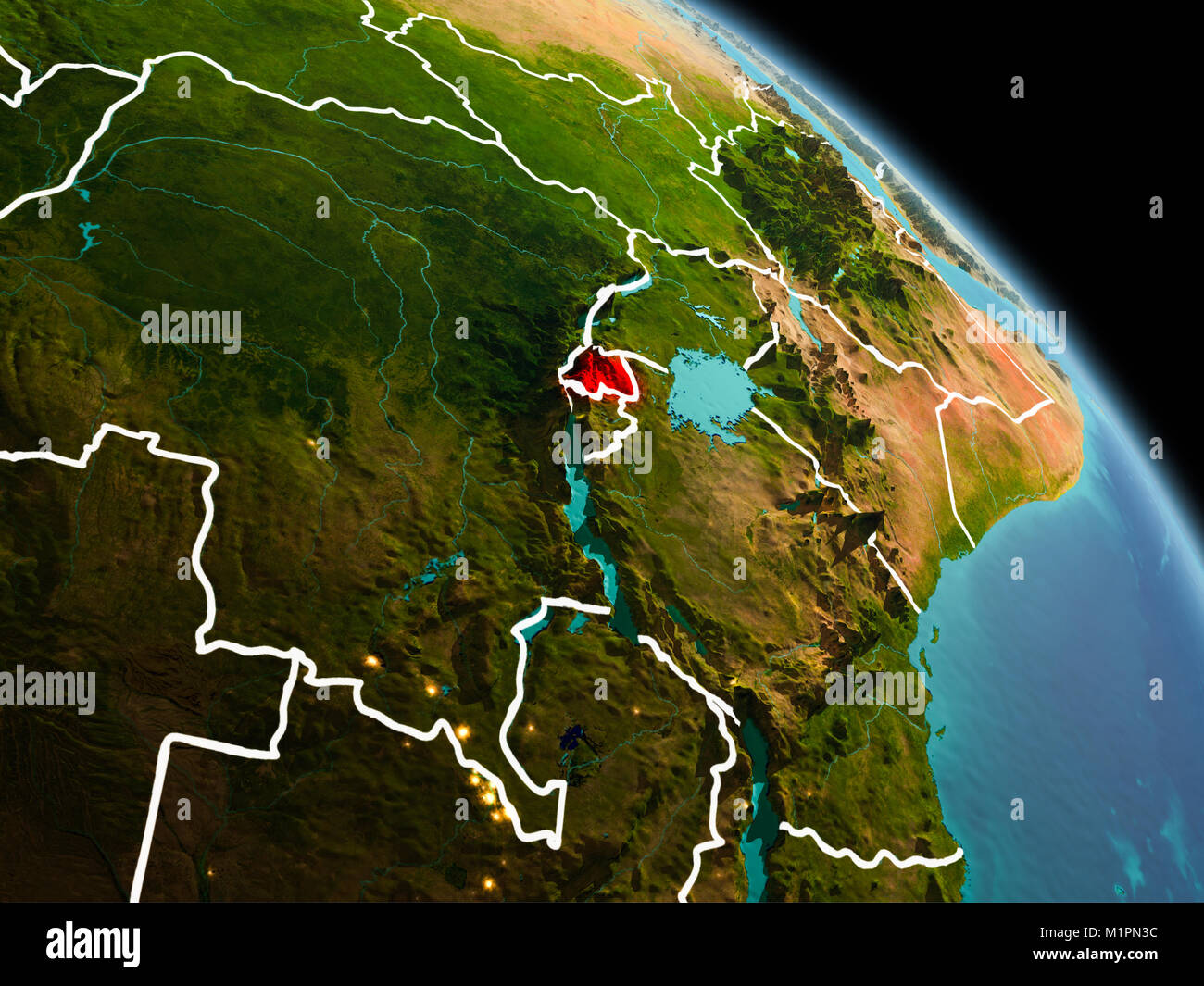 Early morning view of Rwanda highlighted in red on planet Earth with ...