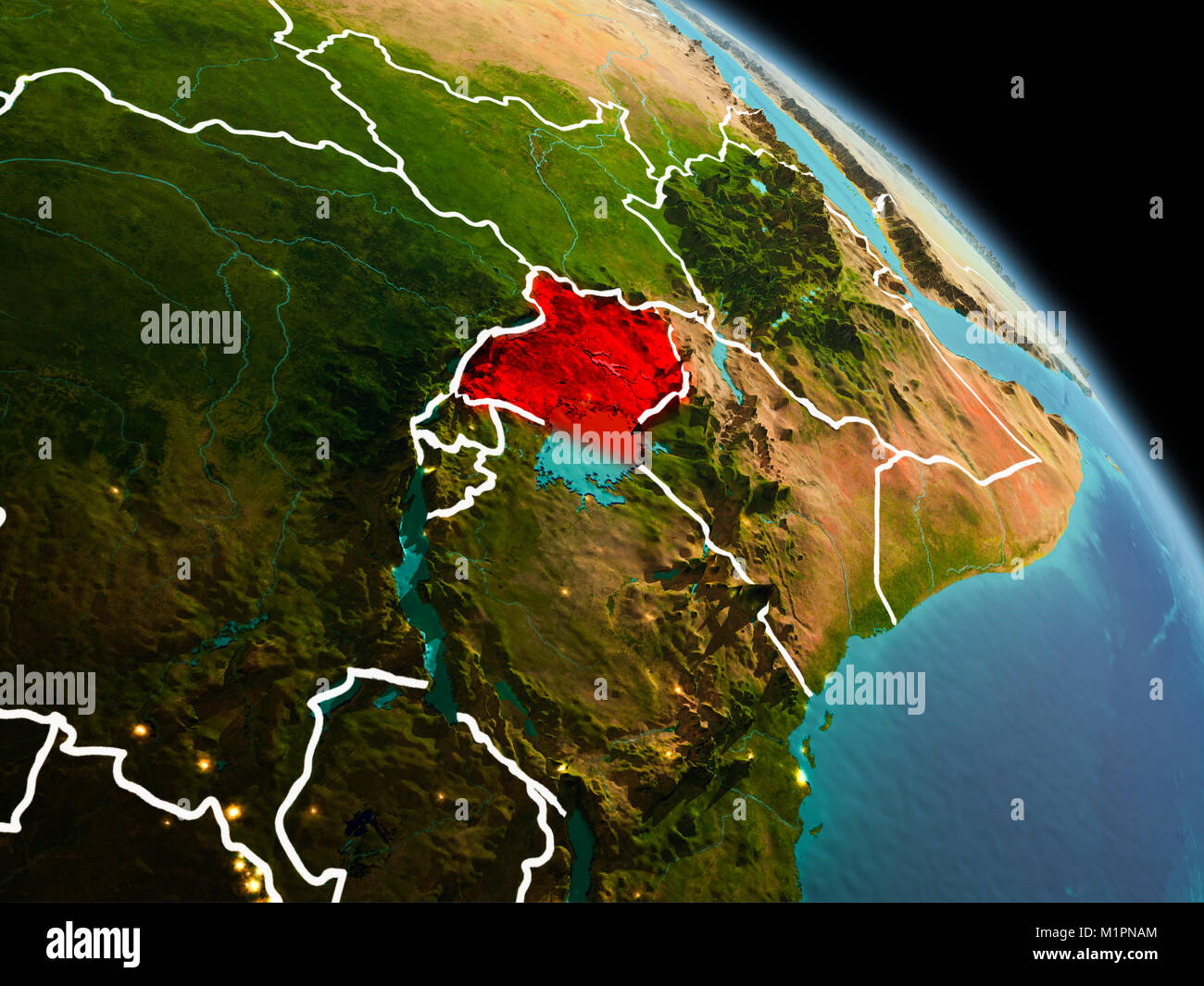 Early morning view of Uganda highlighted in red on planet Earth with ...