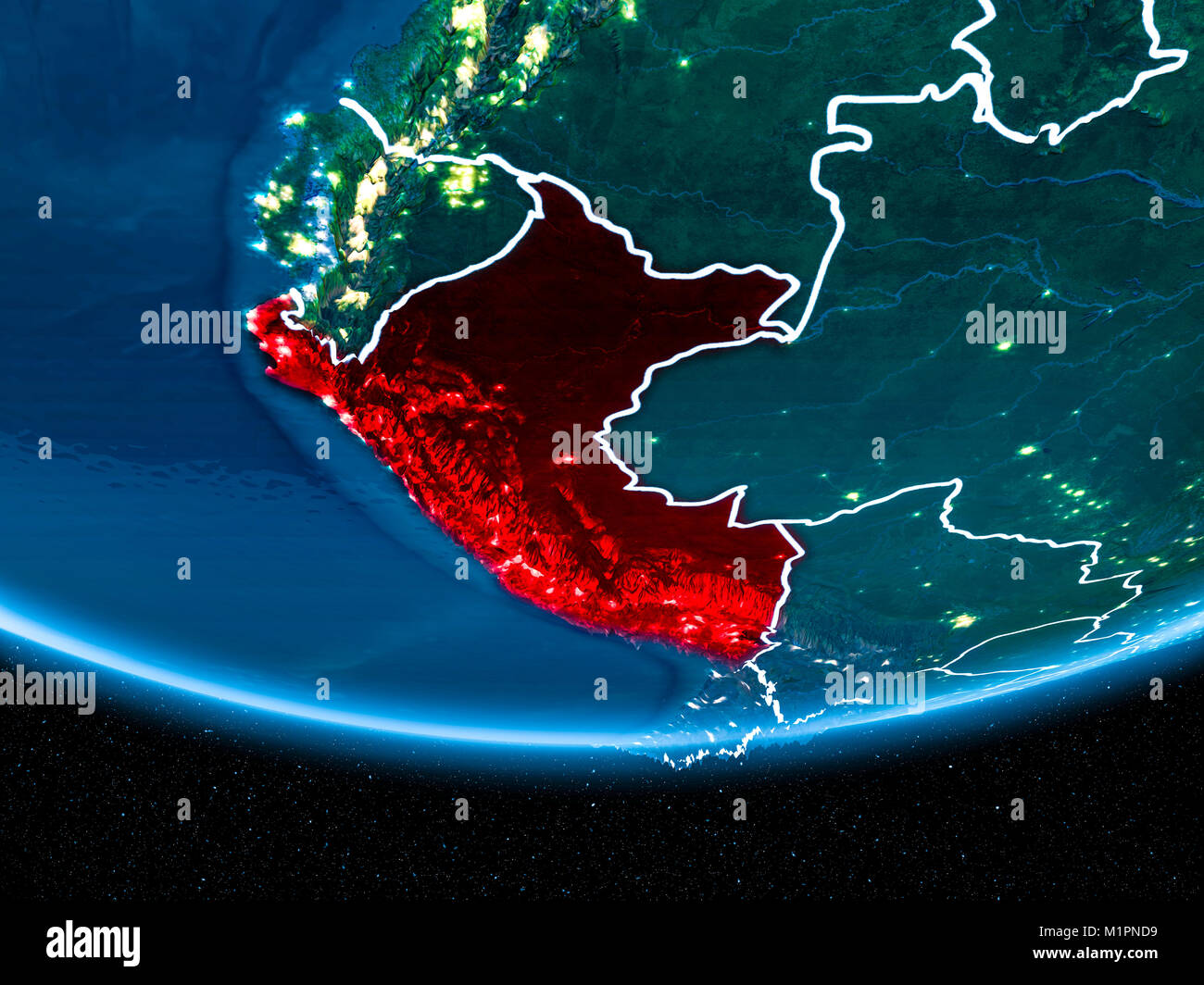 Peru in red with visible country borders and city lights from space at ...
