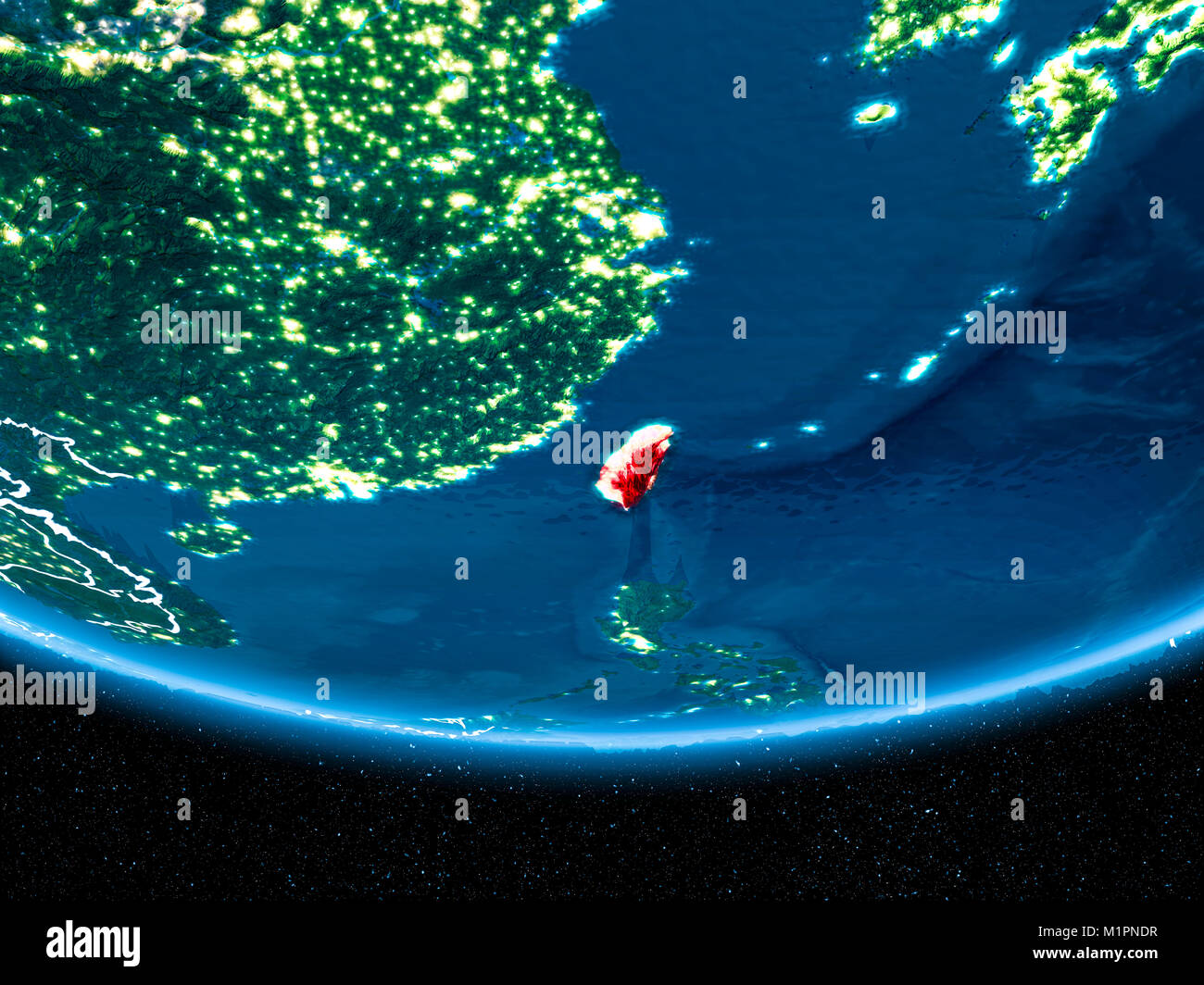 Taiwan in red with visible country borders and city lights from space ...