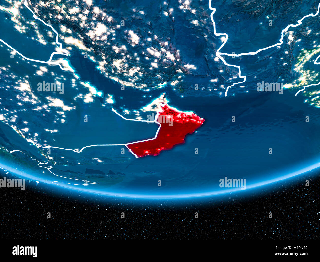 Oman in red with visible country borders and city lights from space at ...