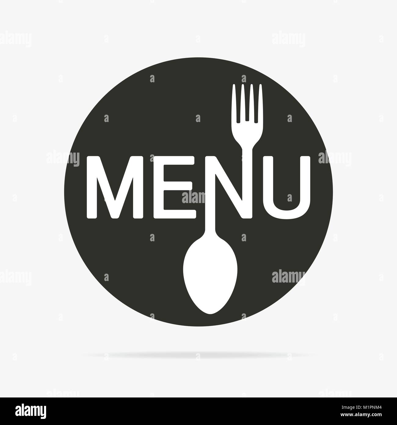 Menu round flat icon with shadow and stylized shape of fork and spoon ...