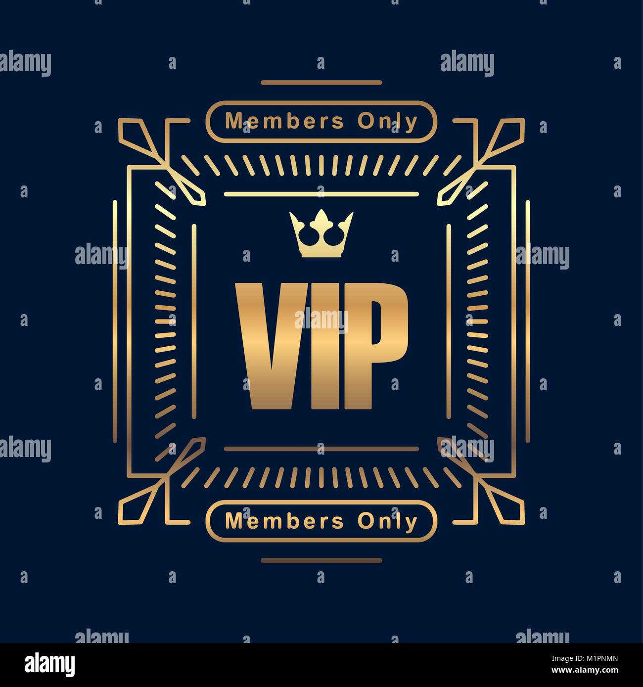 Gold rich decorated square VIP design with crown on a dark blue ...