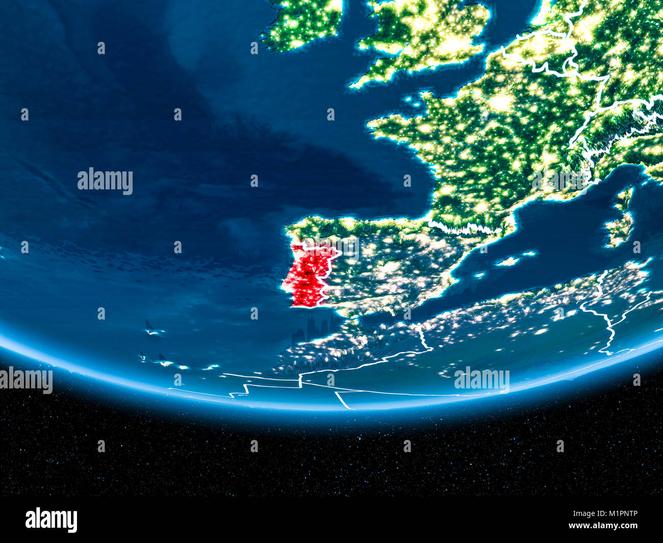 Portugal in red with visible country borders and city lights from space ...