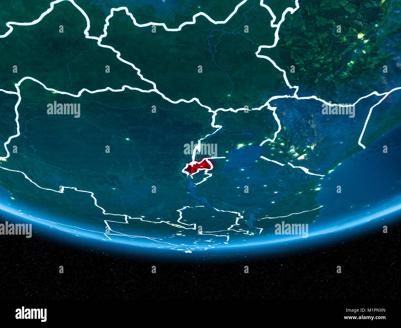 Rwanda in red with visible country borders and city lights from space ...