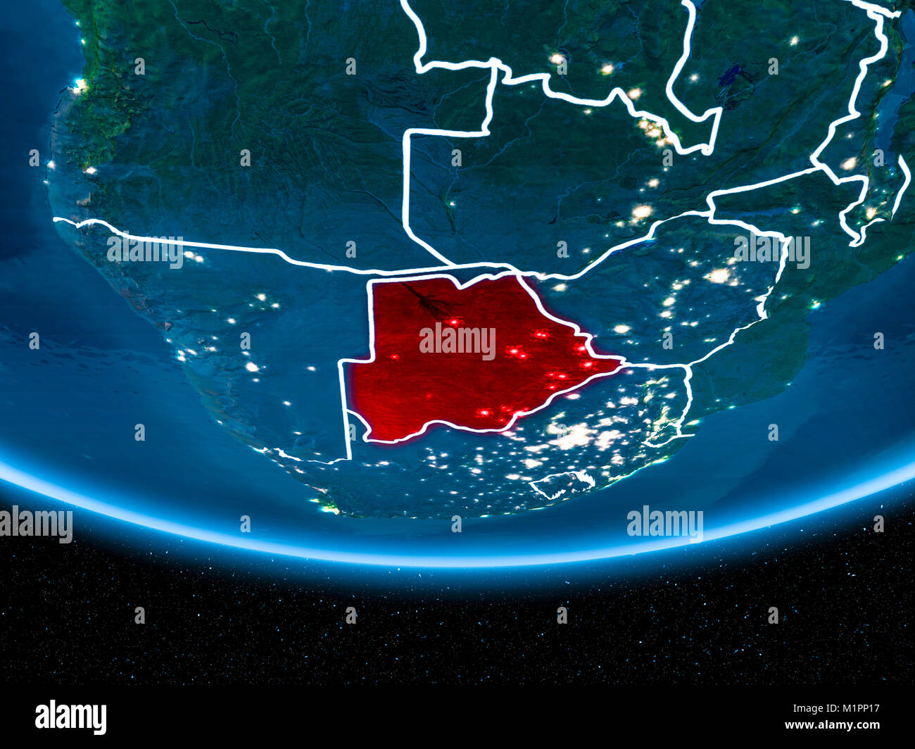 Botswana in red with visible country borders and city lights from space ...