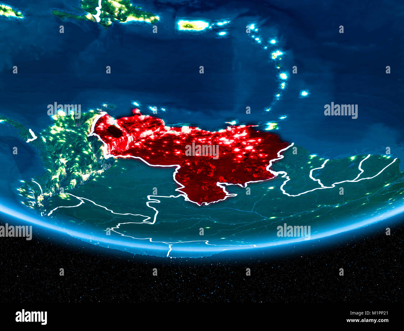 Venezuela in red with visible country borders and city lights from ...