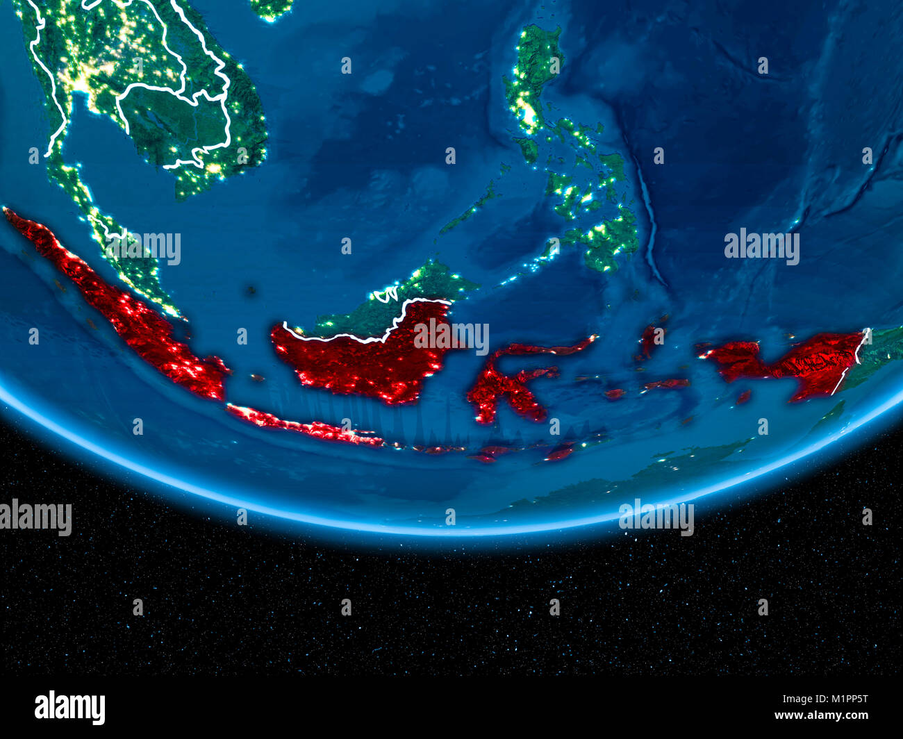 Indonesia in red with visible country borders and city lights from ...