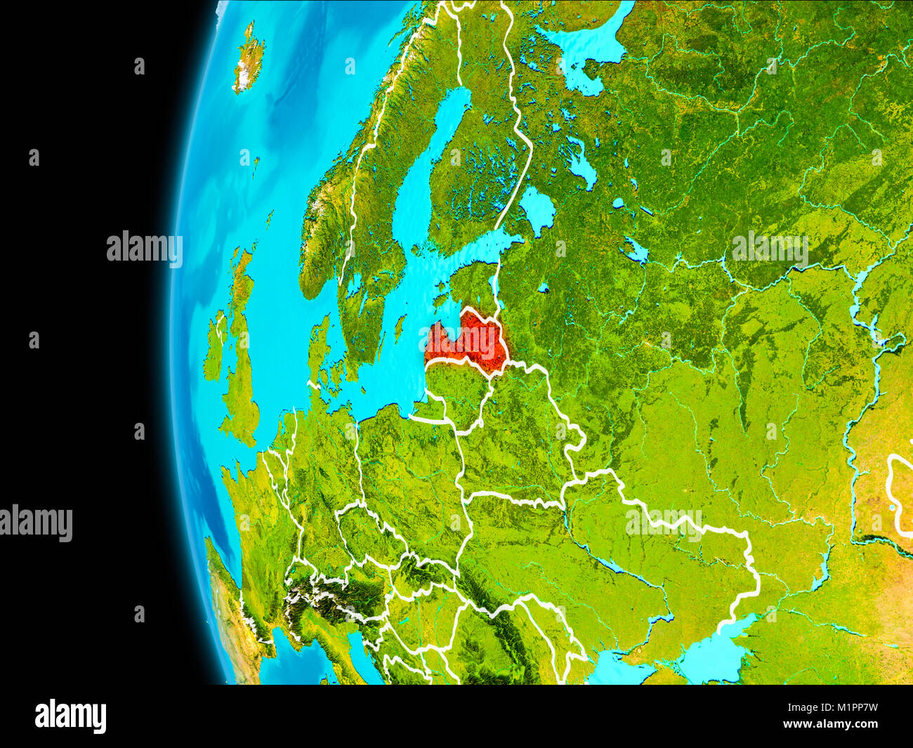 Latvia as seen from Earth’s orbit on planet Earth highlighted in red with visible borders. 3D ...