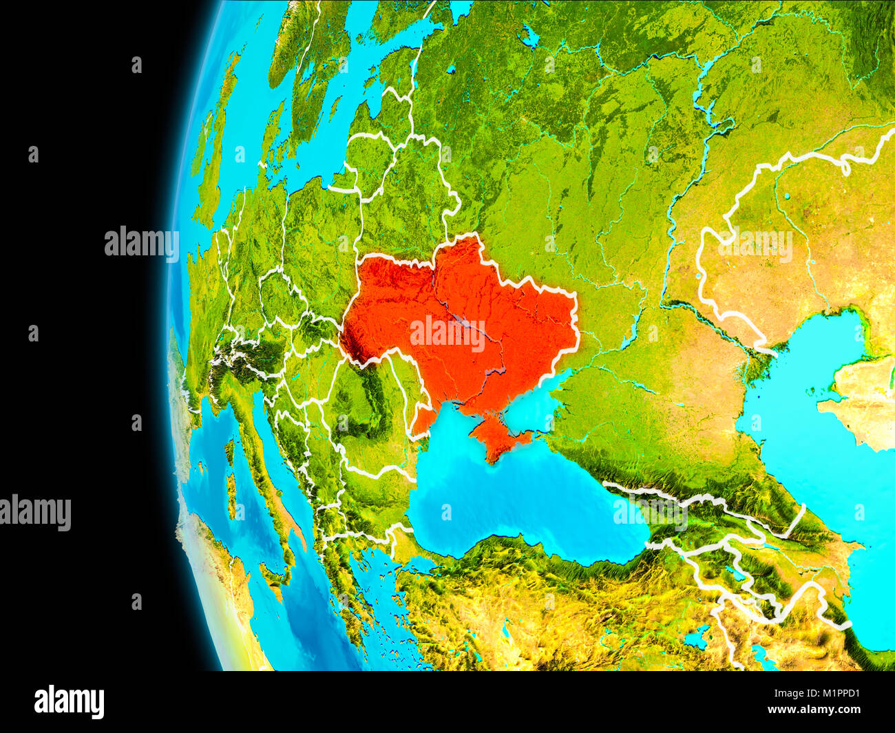 Ukraine as seen from Earth’s orbit on planet Earth highlighted in red ...