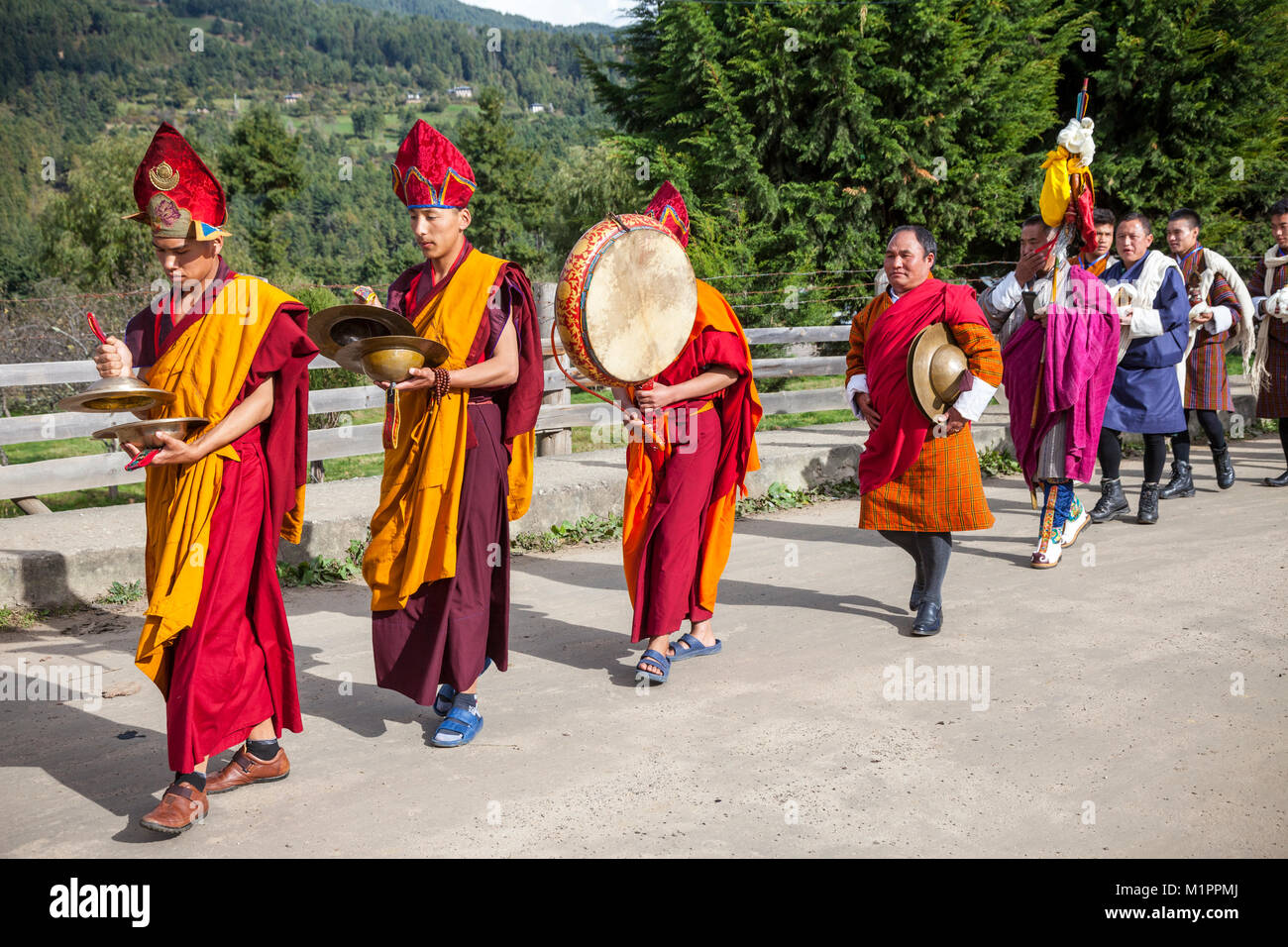 Bumthang, Bhutan. Buddhist Monks Playing Cymbals and Drum in a ...