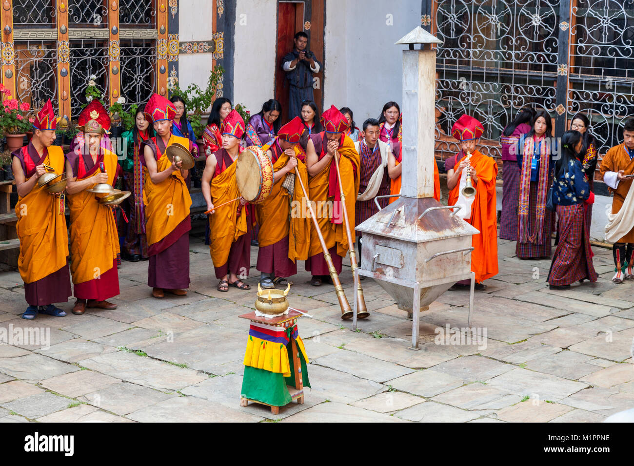 Bumthang, Bhutan. Buddhist Monks in Religious Ceremony in Courtyard of ...
