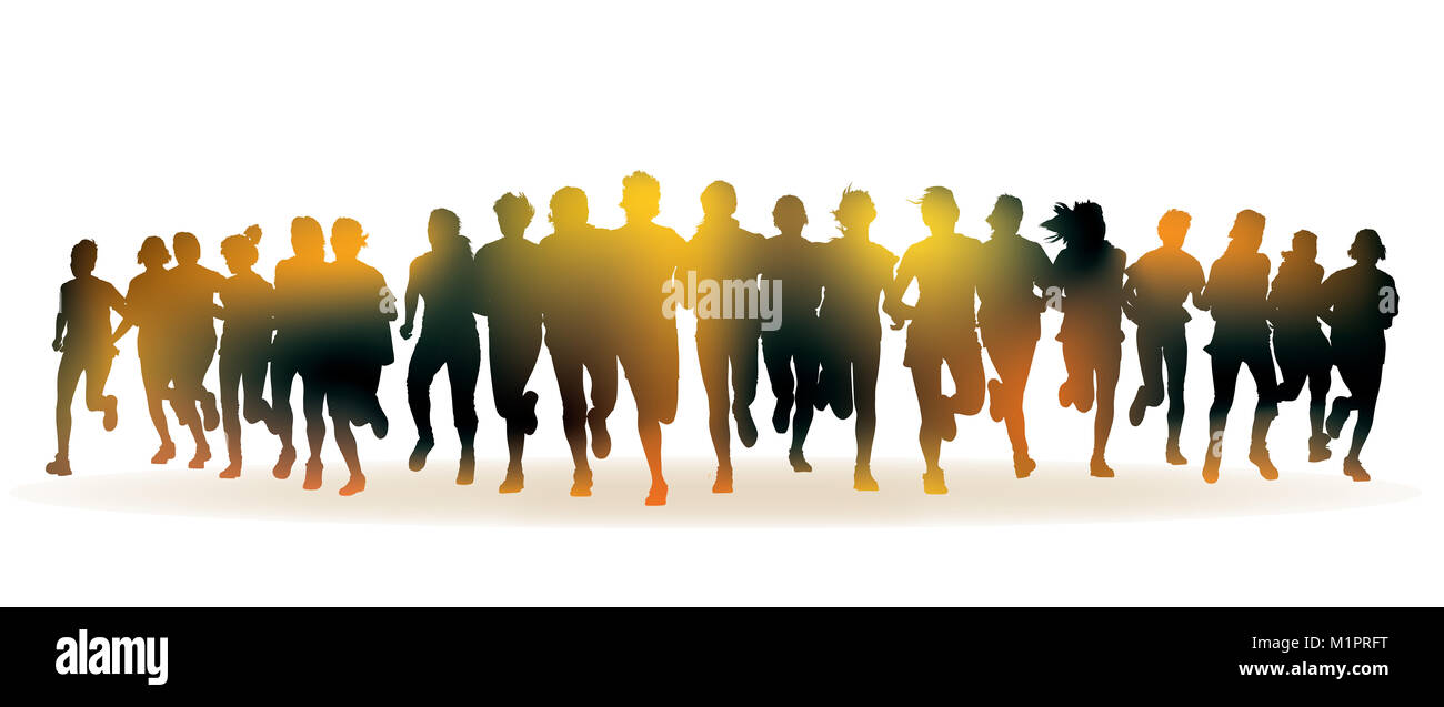 Front view of the crowd of young people running in the marathon Stock ...