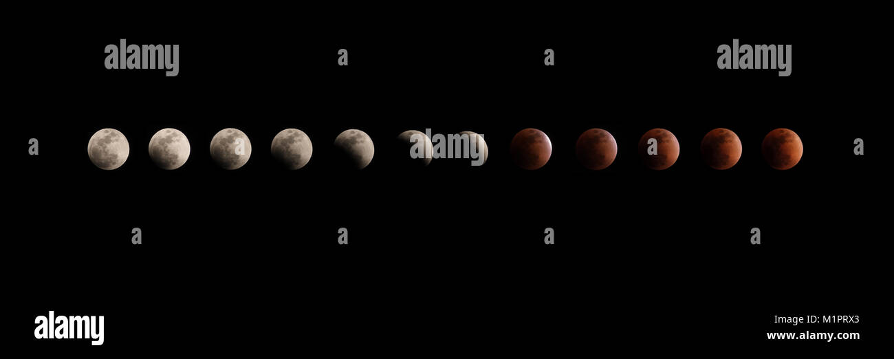 different phases of total lunar eclipse on dark sky Stock Photo - Alamy