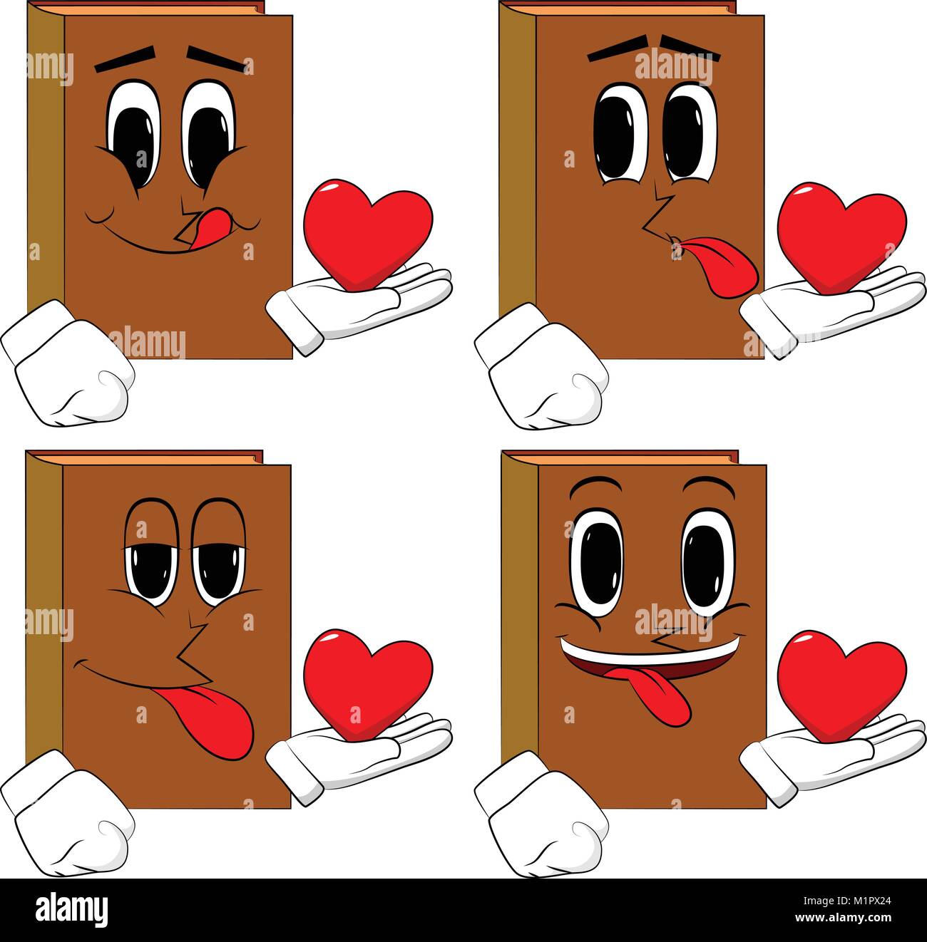 Books holding red heart in his hand. Cartoon book collection with happy ...