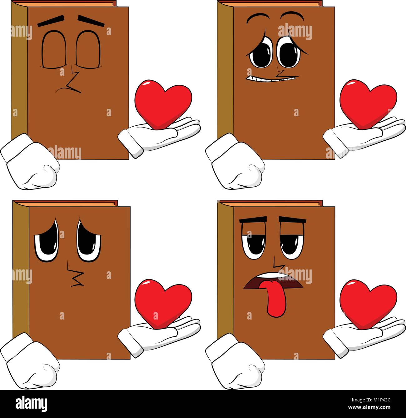 Books holding red heart in his hand. Cartoon book collection with sad ...