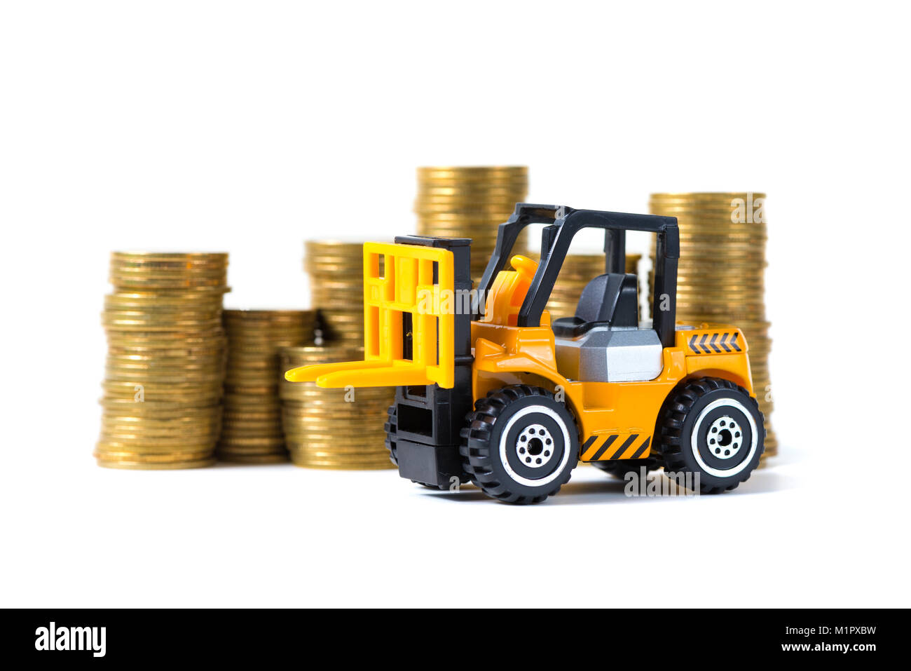 Mini forklift truck loading stack coin with steps of gold coin ...
