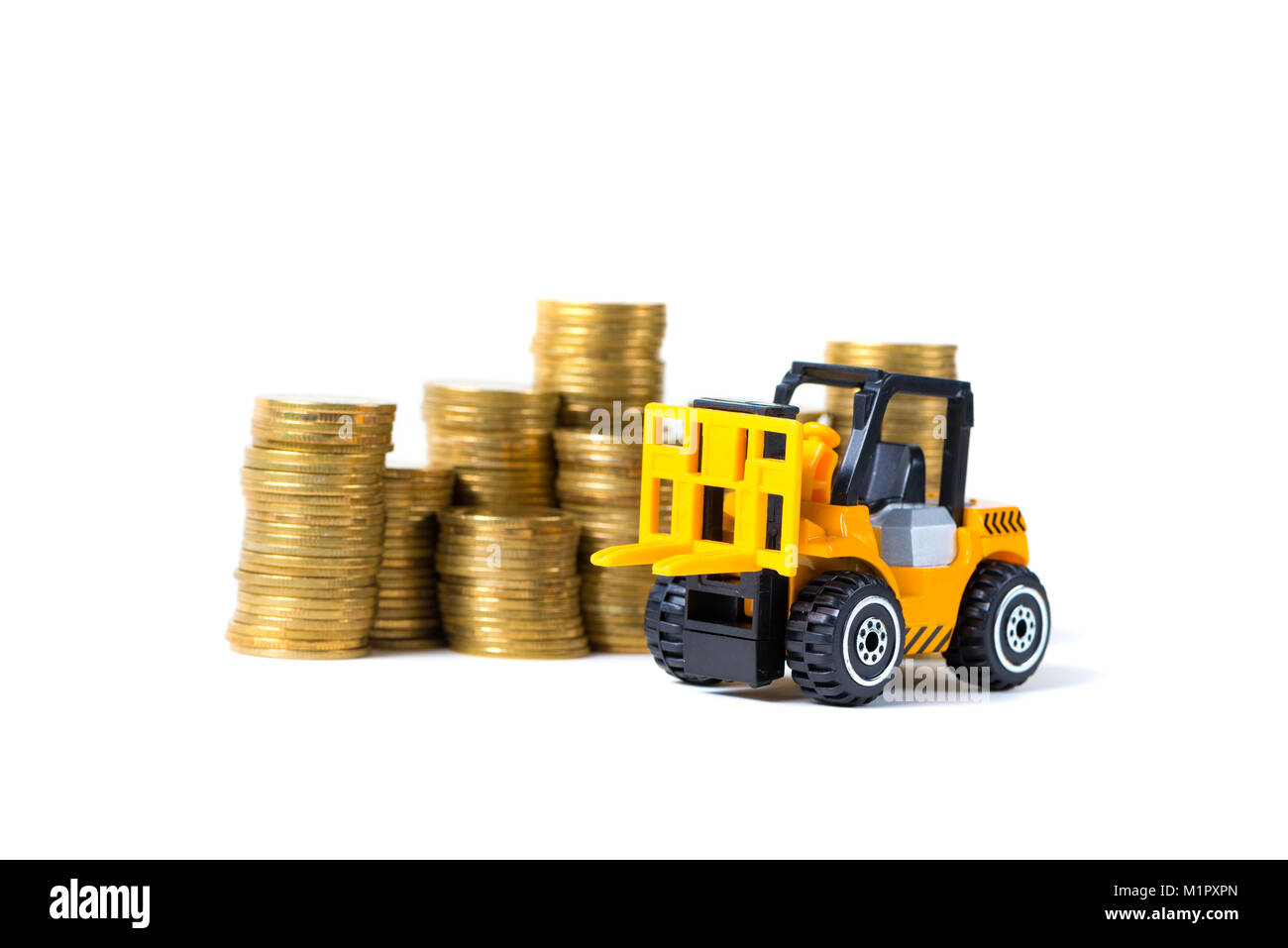 Mini forklift truck loading stack coin with steps of gold coin ...