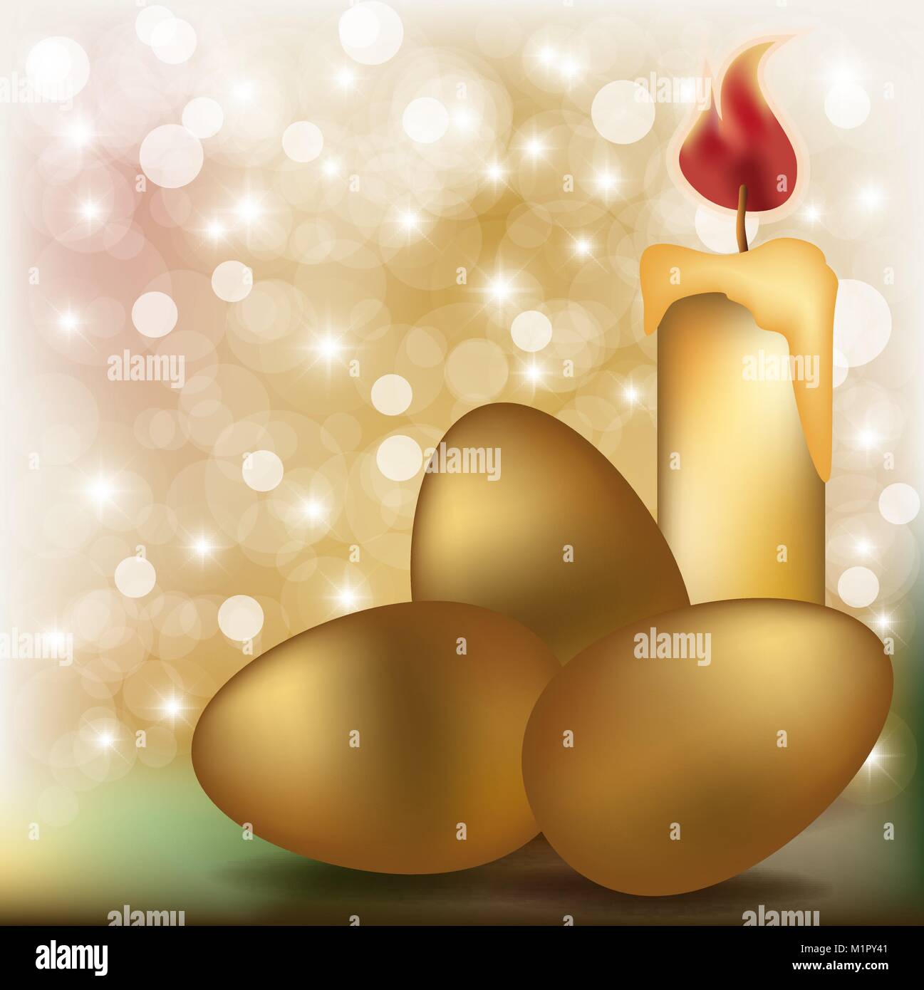 Easter background with golden eggs, flowers and candle vector ...
