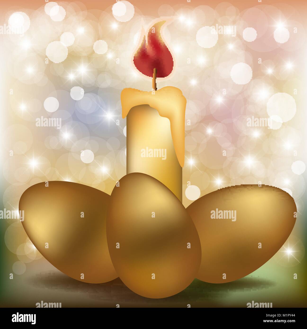 Easter background with golden eggs, flowers and candle vector ...