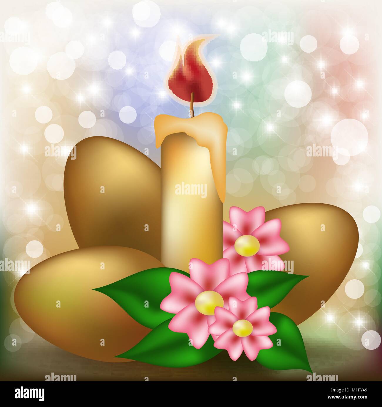 Easter background with golden eggs, flowers and candle vector ...