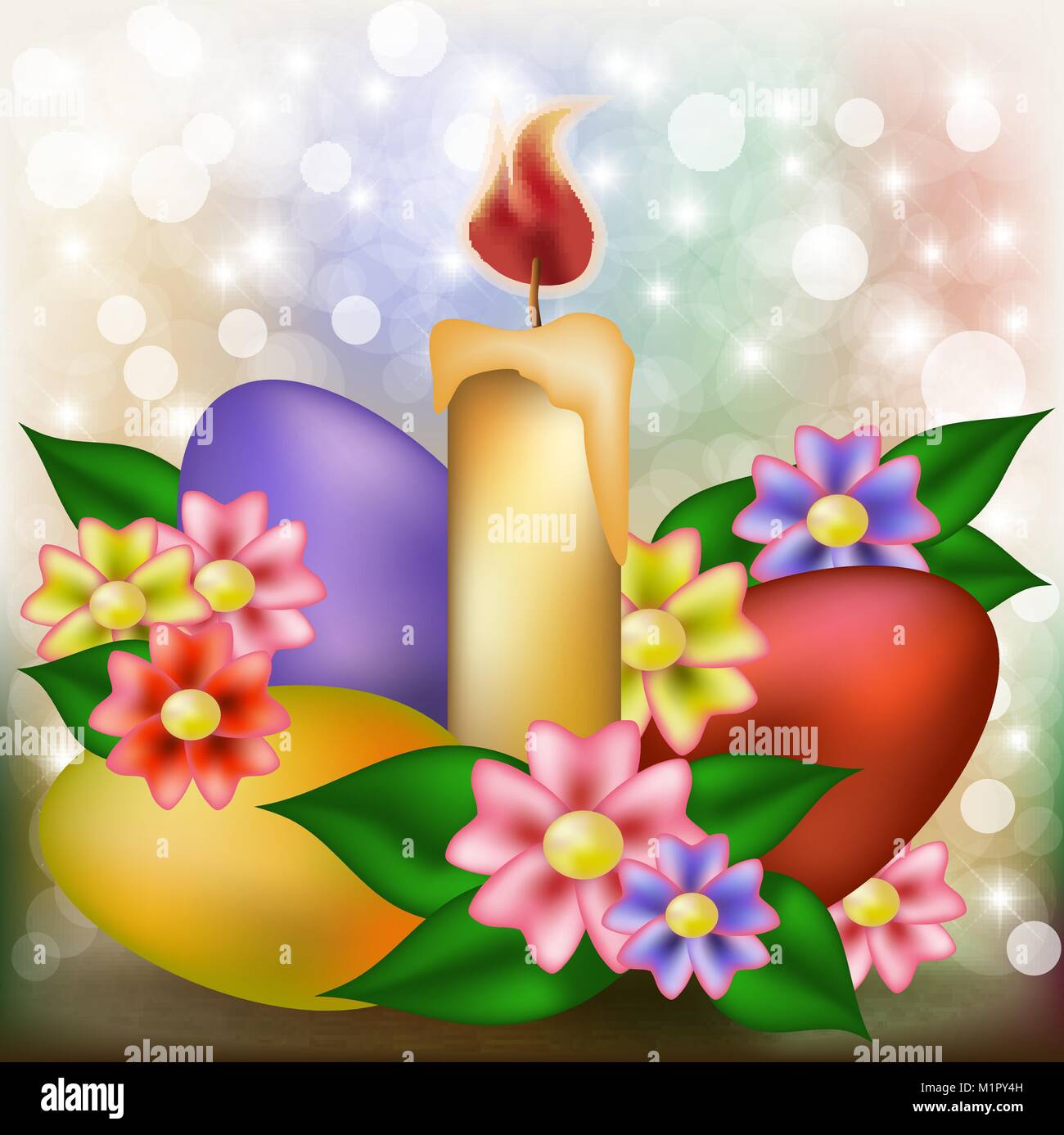 Easter background with golden eggs, flowers and candle vector ...
