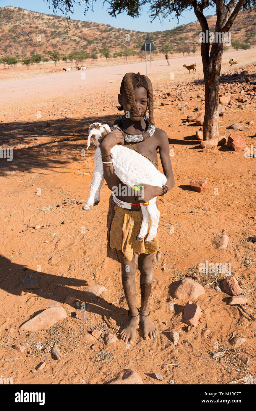 Himba, girl, to bear lamb, Namibia, Maedchen, traegt Lamm Stock Photo ...