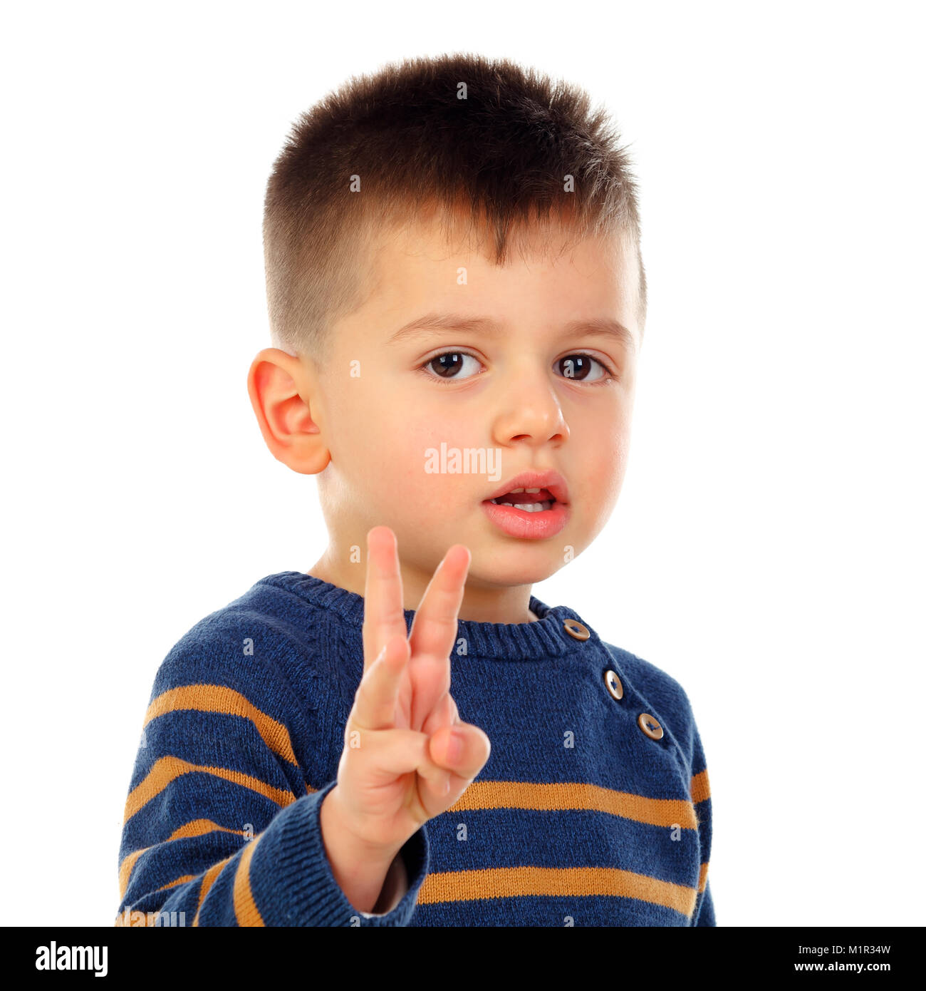 Beautiful child counting with his fingers isolated on a white ...