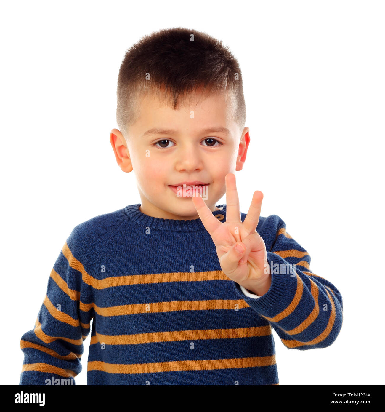 Beautiful child counting with his fingers isolated on a white ...