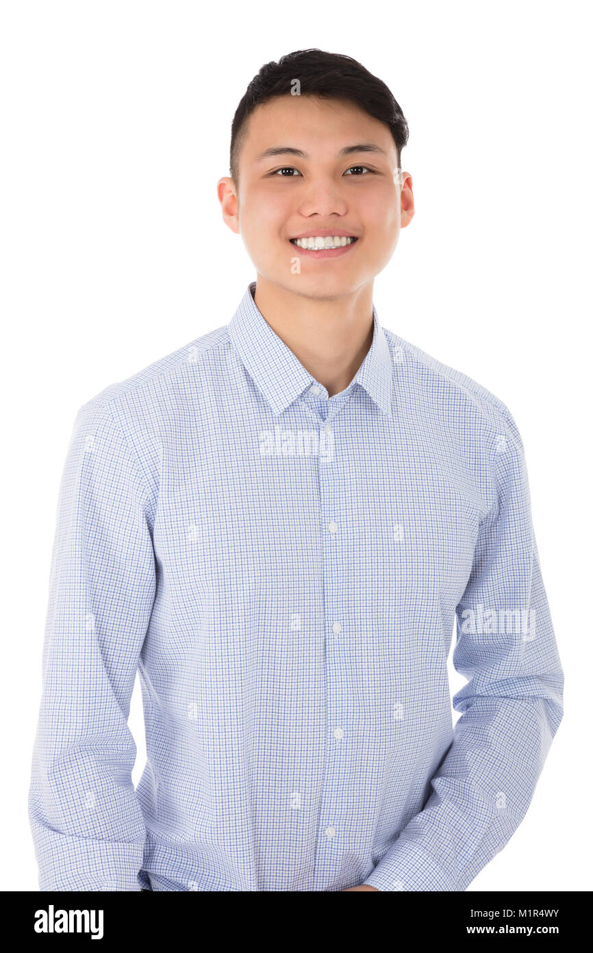 Portrait Of A Smiling Male College Student In Front Of White Background ...