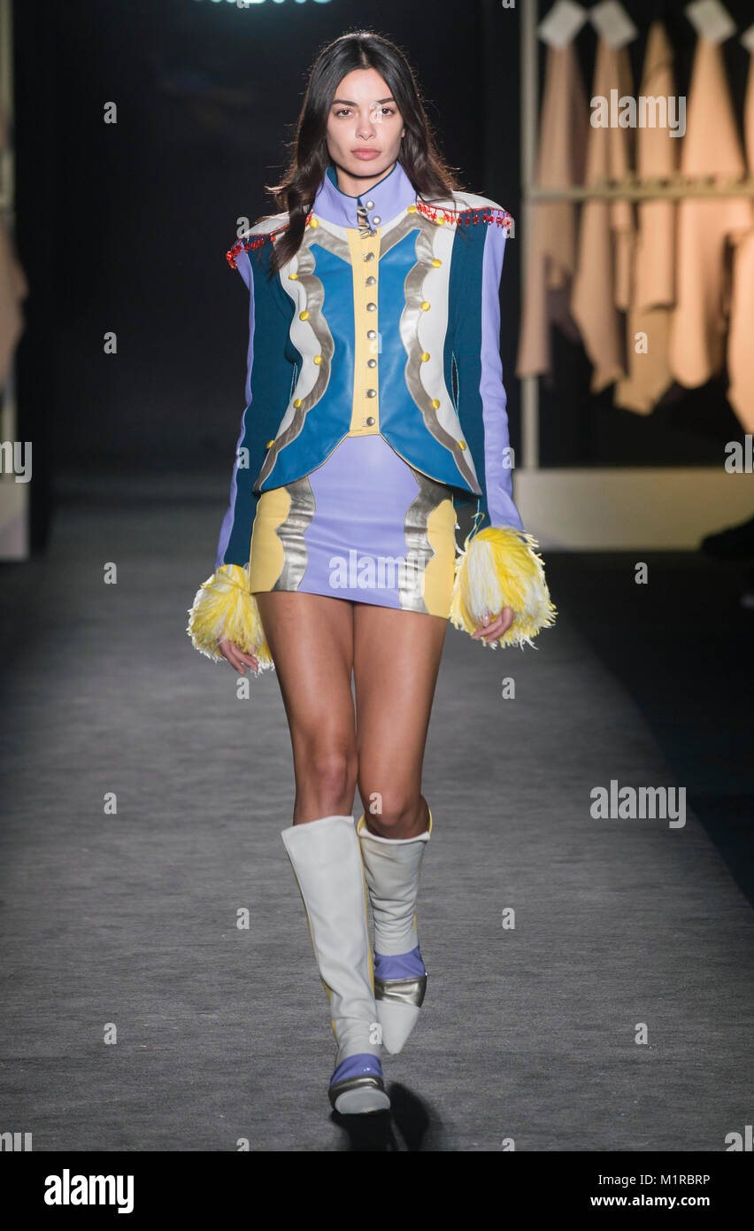Barcelona, Spain. 1st Feb, 2018. A model showcases designs by Mietis on ...