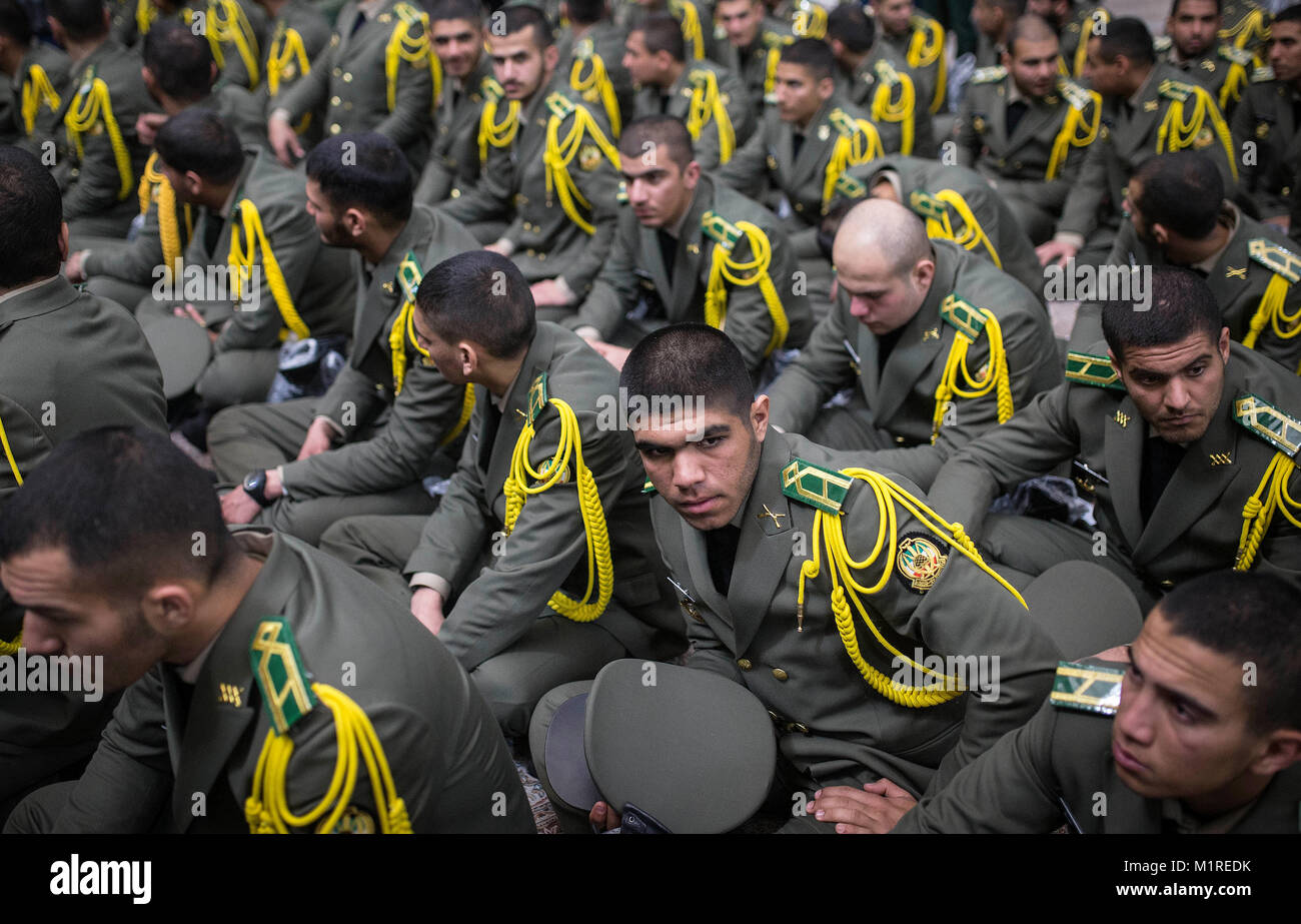 Tehran, Iran. 1st Feb, 2018. Iranian soldiers attend a ceremony marking ...