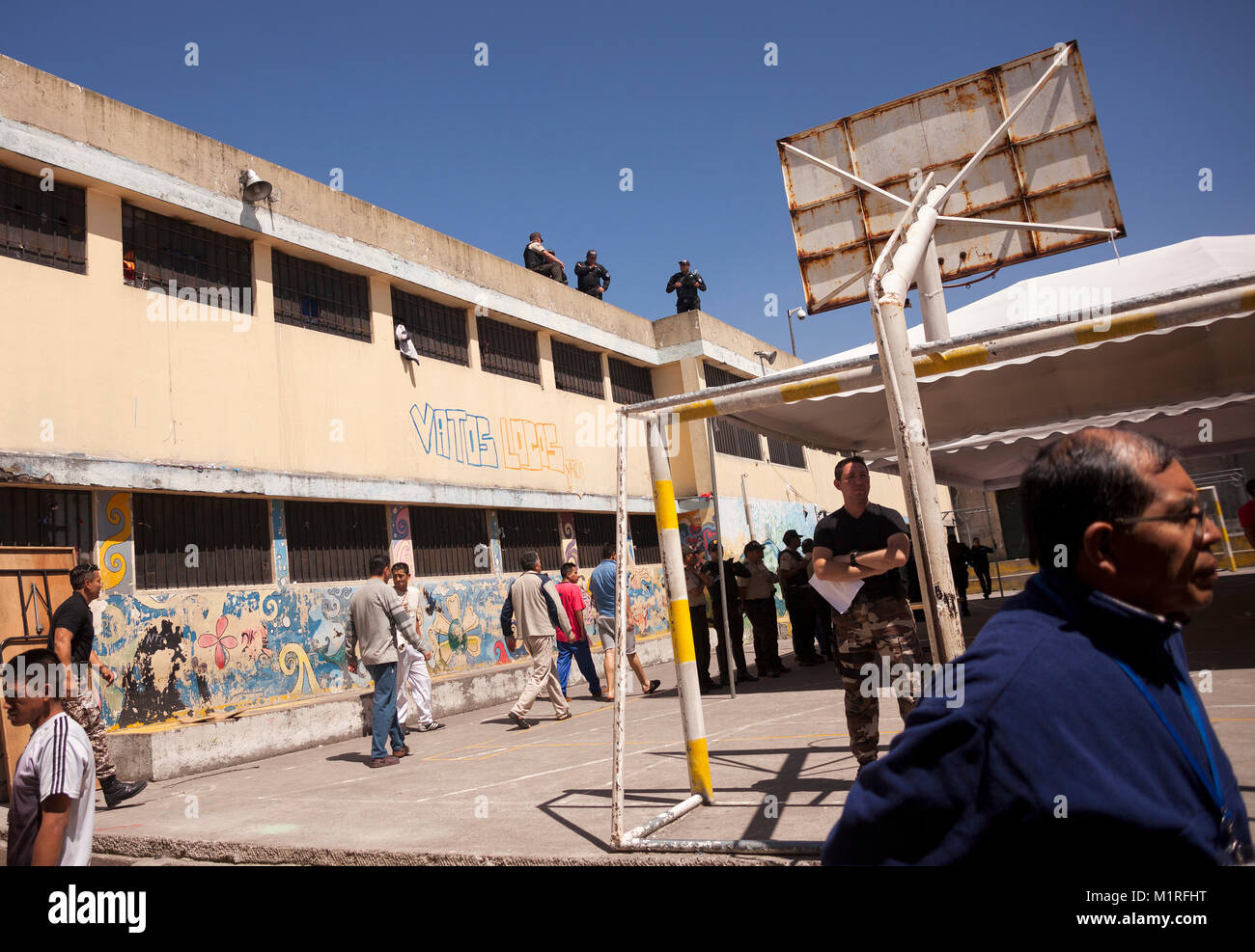 Quito, Ecuador. 1st February, 2018. Inmates walk on the courtyard of ...