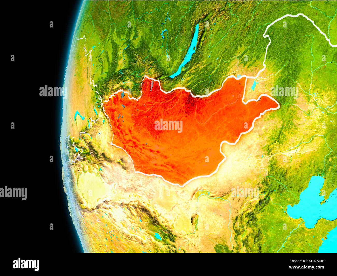 Mongolia as seen from Earth’s orbit on planet Earth highlighted in red ...