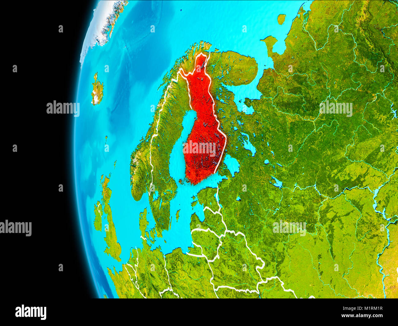 Finland as seen from Earth’s orbit on planet Earth highlighted in red ...