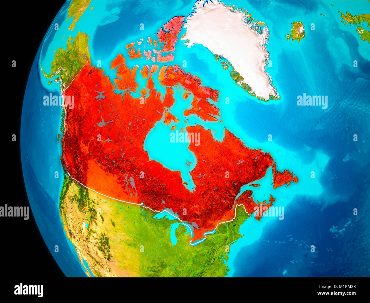 Canada as seen from Earth’s orbit on planet Earth highlighted in red ...