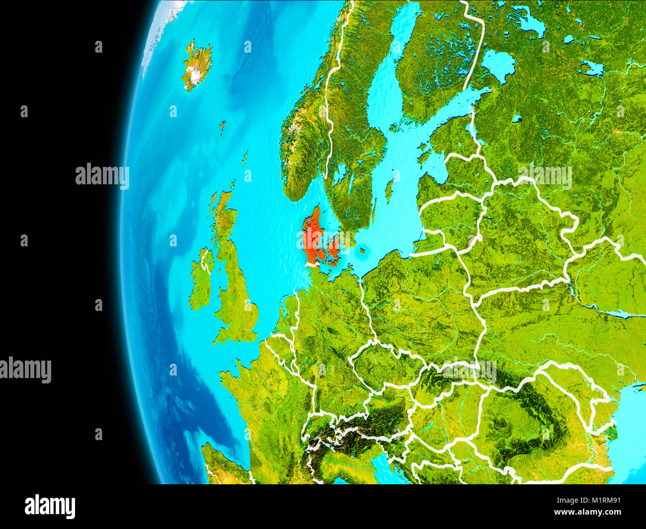 Denmark as seen from Earth’s orbit on planet Earth highlighted in red with visible borders. 3D ...