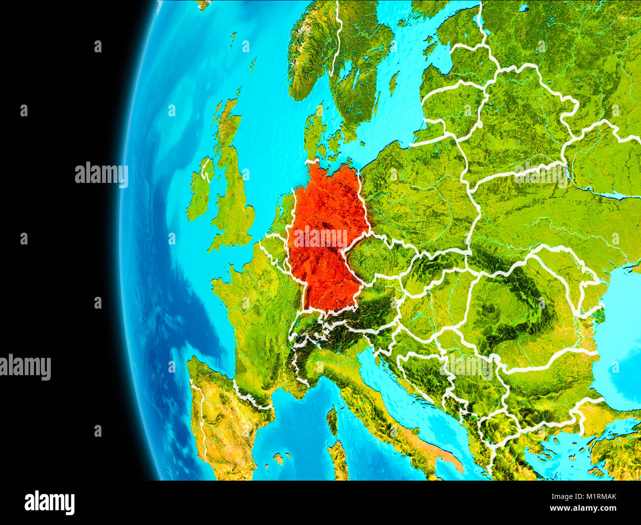 Germany as seen from Earth’s orbit on planet Earth highlighted in red ...