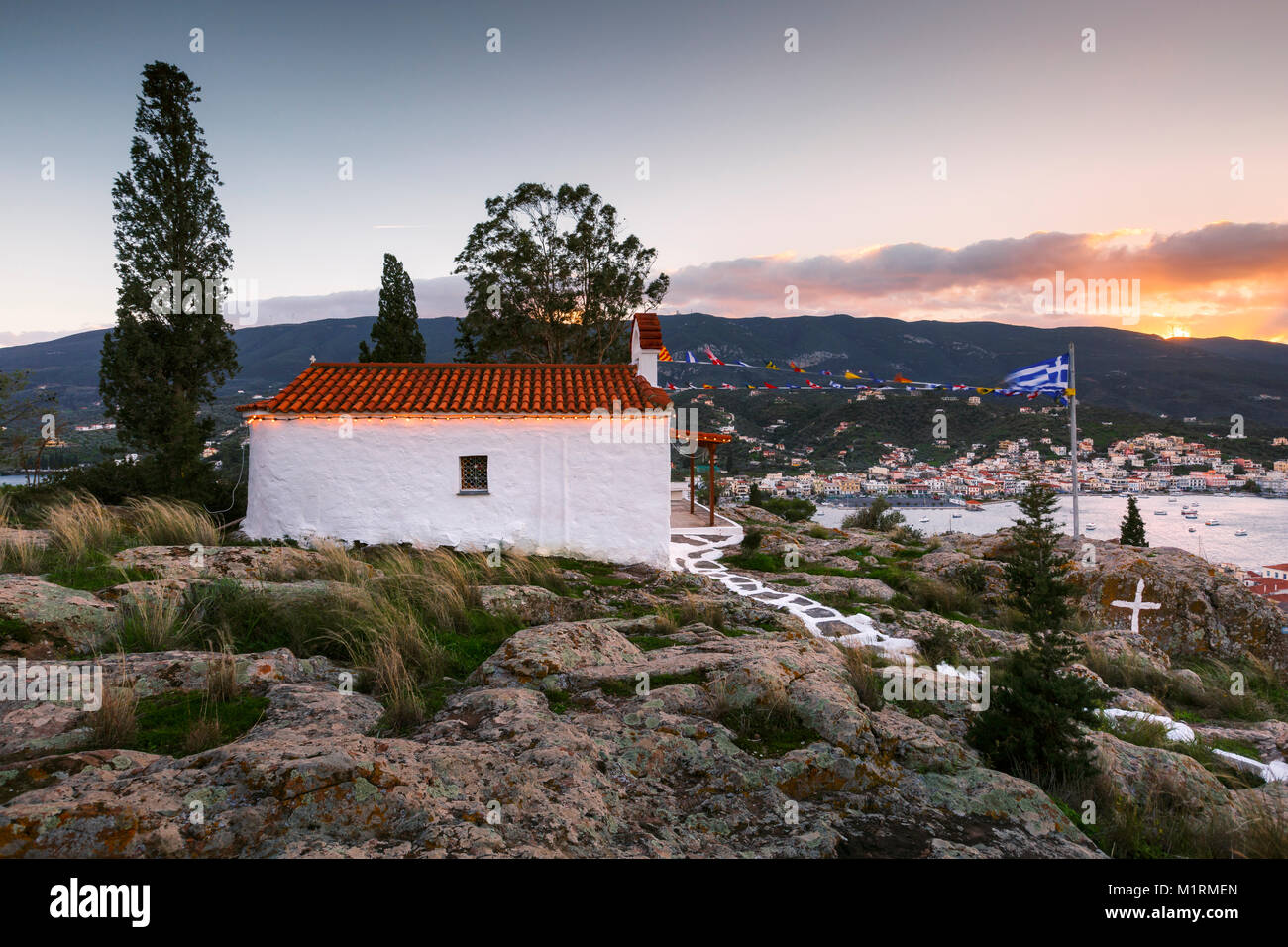 Saint Athanassios church in Chora of Poros island, Greece Stock Photo ...