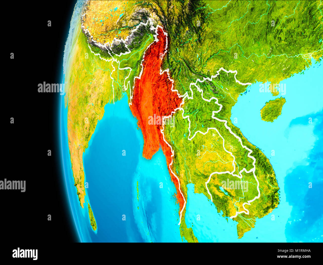 Myanmar as seen from Earth’s orbit on planet Earth highlighted in red ...
